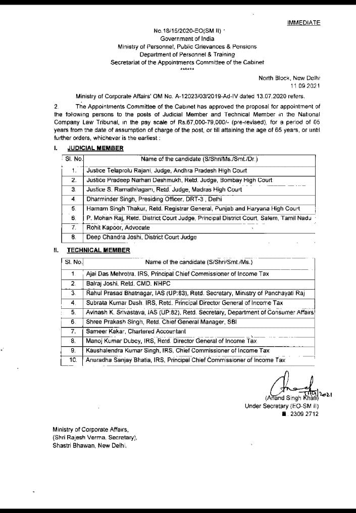[Breaking] Eight Judicial Members And 10 Technical Members Appointed In NCLT - BW Legal World