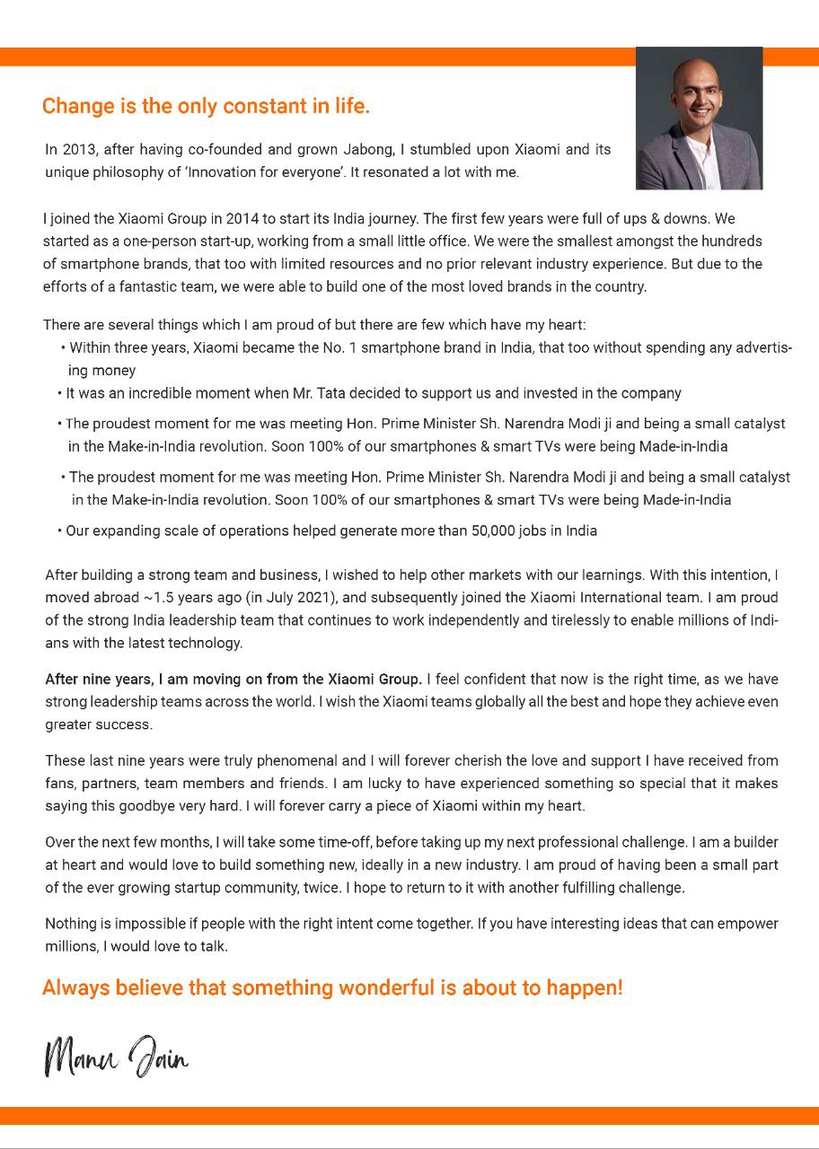 Manu Kumar Jain Quits Xiaomi - BW People